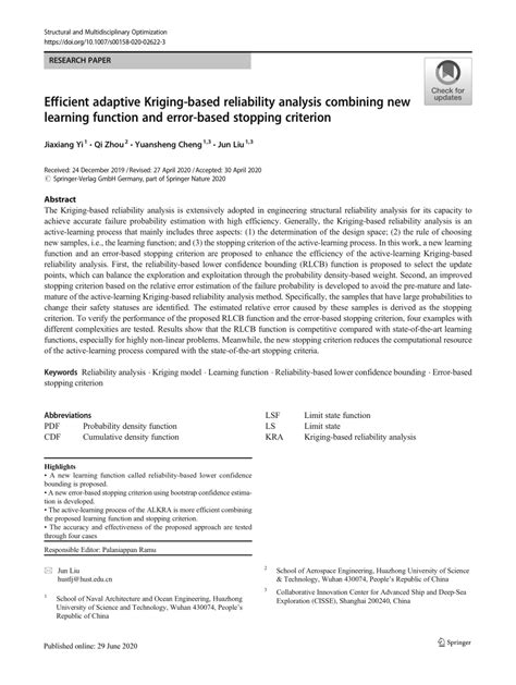 Pdf Efficient Adaptive Kriging Based Reliability Analysis Combining New Learning Function And