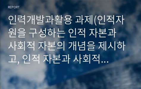 인력개발과활용 과제인적자원을 구성하는 인적 자본과 사회적 자본의 개념을 제시하고 인적 자본과 사회적 자본을 확보하기 위한 방안을 제시하시오 레포트