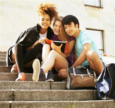 Cute Group Teenages At The Building Of University Stock Image Image