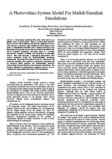 Pdf A Photovoltaic System Model For Matlab Simulink Simulations