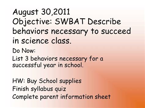 PPT August Objective SWBAT Describe Behaviors Necessary To Succeed In Science Class