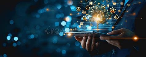 Tablet With A Holographic Interface Emerging Depicting A Tree Like Structure Symbol Business