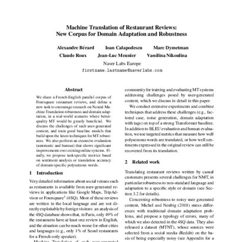 Machine Translation Of Restaurant Reviews New Corpus For Domain Adaptation And Robustness Acl