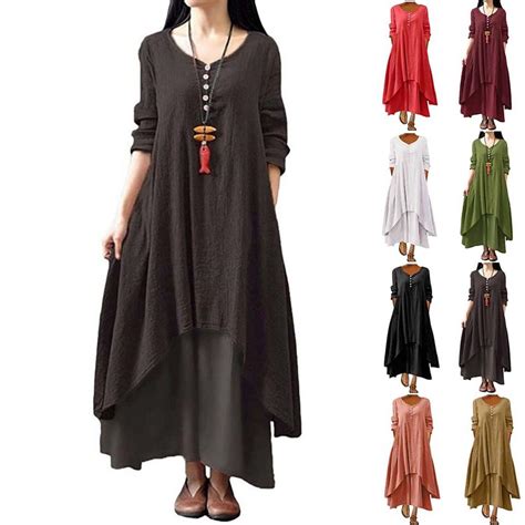 Купити Жіноча повсякденна вільна бавовняна лляна довга сукня з довгим рукавом у стилі бохо