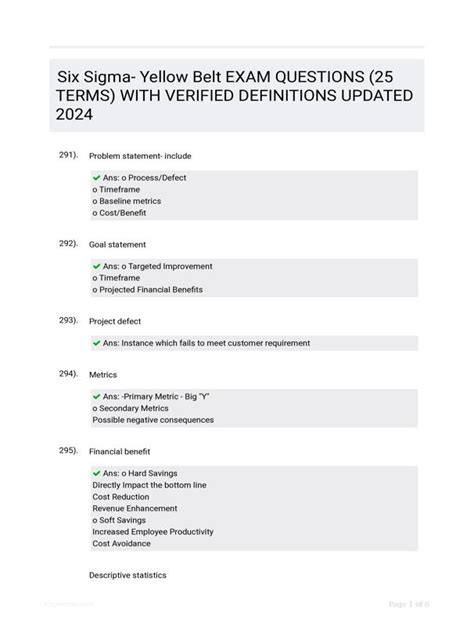 Six Sigma Yellow Belt Exam Questions 25 Terms With Verified
