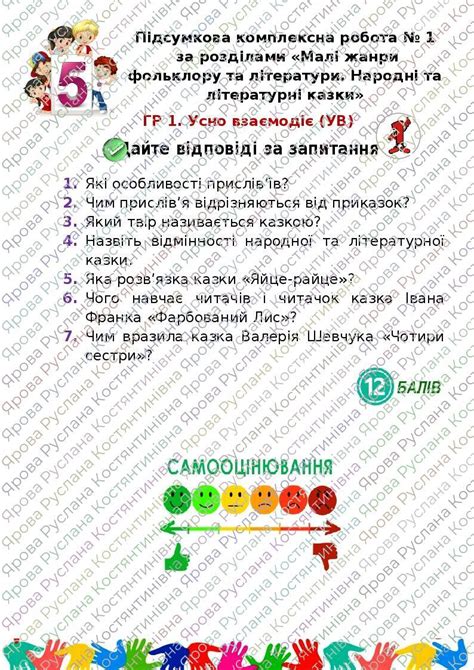 Українська література 5 клас Підсумкова комплексна робота № 1 ГР 1 ГР 2 за розділами «Малі