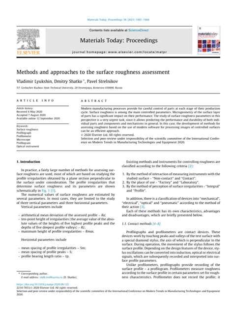 Methods And Approaches To The Surface Roughness Assessment Pdf