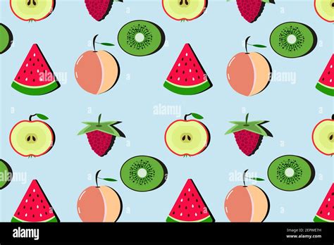 Fruit Pattern With Peach Kiwi Watermelon Raspberry On Blue