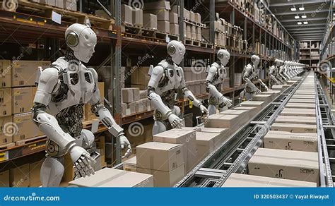 Robots Working In Automated Warehouse Packaging Boxes Generated With Ai Stock Illustration