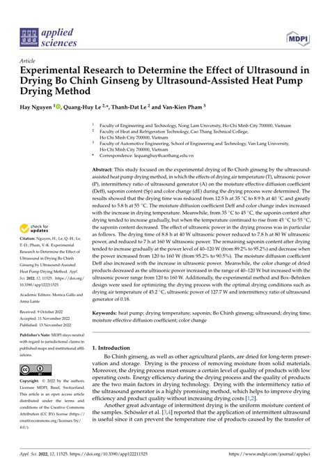 Pdf Experimental Research To Determine The Effect Of Ultrasound In Drying Bo Chinh Ginseng By