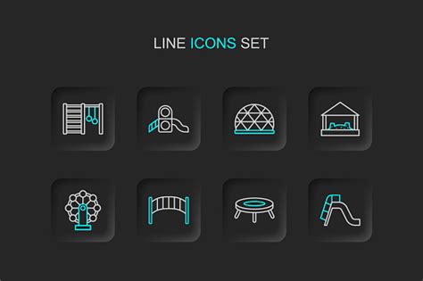 라인 슬라이드 놀이터 점프 트램펄린 놀이터 어린이 다리 스윙 모래가 있는 샌드박스 등반 장비 및 스웨덴 벽 아이콘을 설정합니다 벡터 0명에 대한 스톡 벡터 아트 및 기타