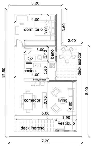 Plano De Planta Baja Con 2 Habitaciones Y 1 Baño