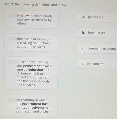 Solved Match The Following Definitions And Terms Those Who Create Goods A Producers And