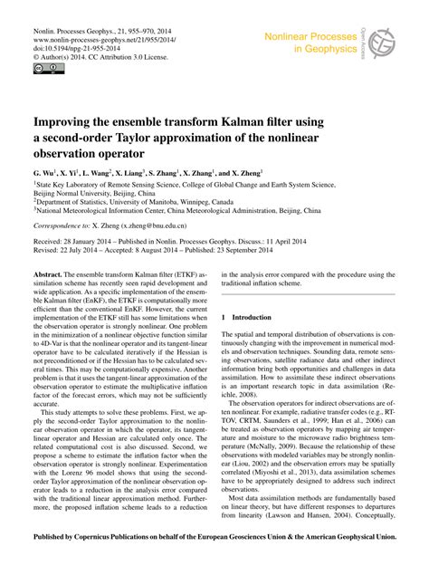 Pdf Improving The Ensemble Transform Kalman Filter Using A Second Order Taylor Approximation