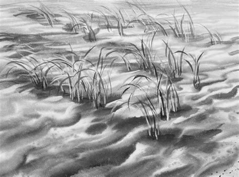 Sand Dune Monochrome Grey Watercolor Landscape Grass In The Wind Stock