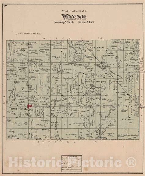 Historic Map 1880 Wayne Township Auglaize County Ohio Vintage W