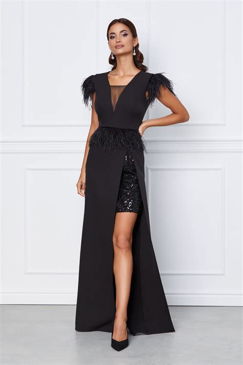 Rochie Mbg Neagra Lunga Cu Pene Si Paiete Rochii