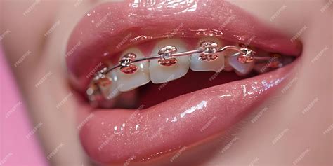 Closeup Image Of Female Mouth With Dental Braces For Alignment