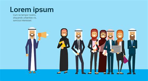 비즈니스 팀과 아랍 사업가 말하는 확성기 아랍어 그룹 전통적인 옷 경력 성공 개념 전체 길이 비즈니스 계약 및 제휴 복사 공간 평면 개념에 대한 스톡 벡터 아트 및 기타