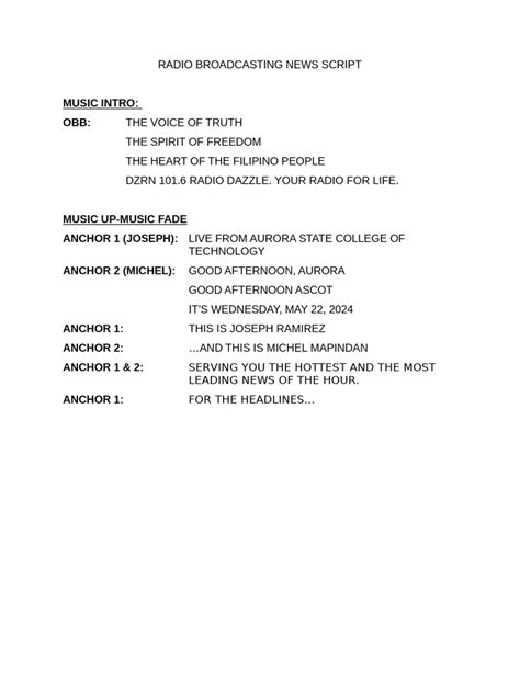 Radio Broadcasting News Script Outline 2 Pdf