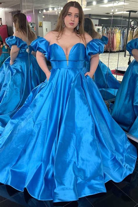 Off Shoulder Satin Plus Size Prom Dresses Royal Blue Formal Dress With