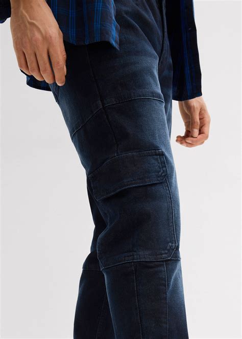 Slim Fit Cargo Stretch Jeans Straight Donkerblauw Denim Used • Prijs €