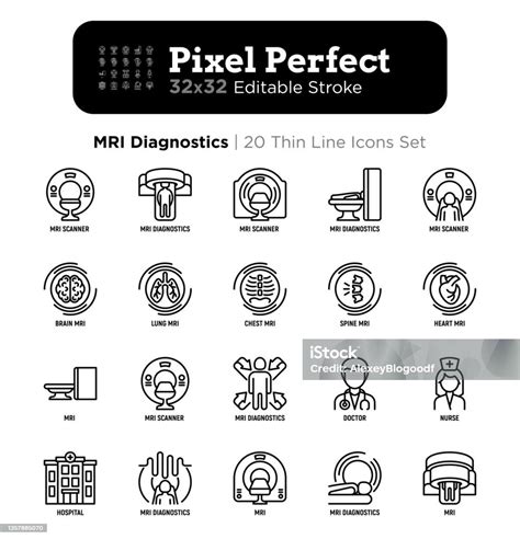 Mri 진단 얇은 선 아이콘 세트 종양학 검출 의사 간호사 병원용 의료 장비 픽셀 완벽 편집 가능한 스트로크 벡터 그림입니다 Cat 스캔에 대한 스톡 벡터 아트 및 기타