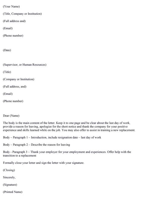 One Week Notice Resignation Letter Exle