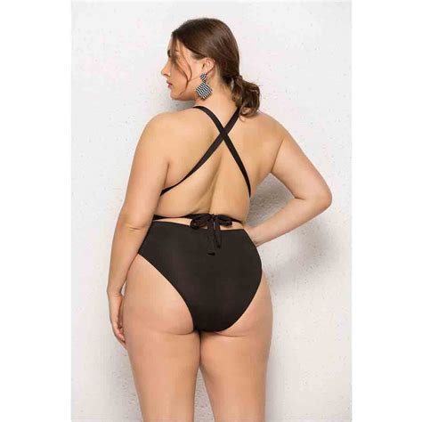 Black Plus Size Plunging Neckline Criss Cross Padded Monokini Swimsuit