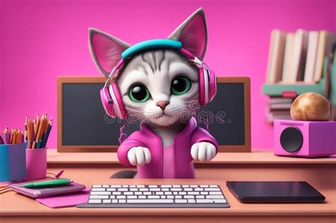 Cute Cat In A Blue Oficce Works At A Computer With Glasses And Headphones Stock Illustration