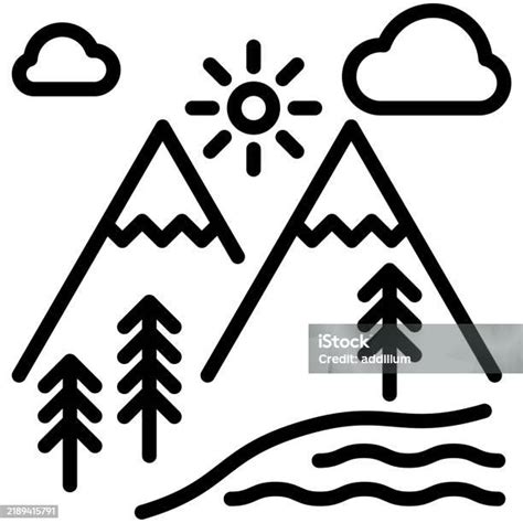 풍경선 아이콘입니다 숲 태양 구름 및 물의 수역 윤곽선 벡터 기호 와 산 와 산 여행 선형 스타일 픽토그램 모험 기호 로고 일러스트 벽지 편집 가능한 획 0명에 대한 스톡