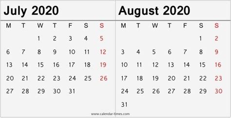 Printable July August 2020 Calendar Template