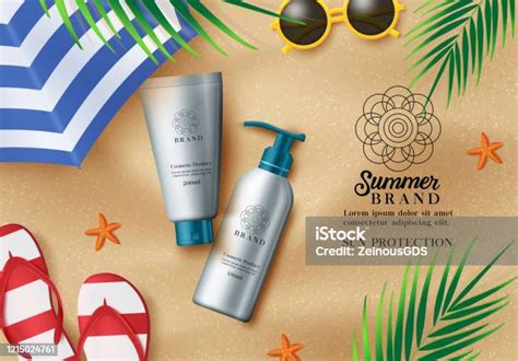 여름 화장품 광고 벡터 템플릿 모래 해변 배경에 자외선 차단제와 자외선 차단 병 같은 사실적인 태양 보호 스킨 케어 화장품 3차원 형태에 대한 스톡 벡터 아트 및 기타