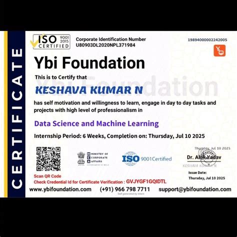 Datascience Machinelearning Ai Internship Ybifoundation Mca