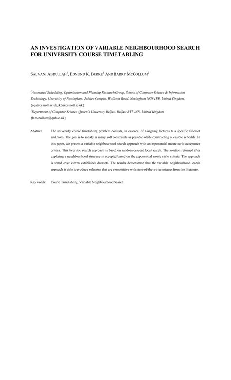 Pdf An Investigation Of Variable Neighbourhood Search For University