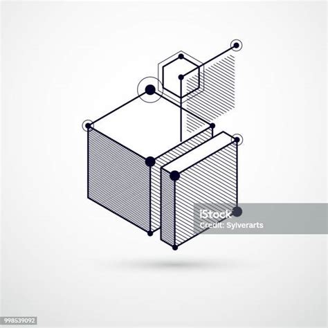 벡터 라인 및 3d 큐브를 사용 하 여 만든 흑인과 백인 산업 시스템의 그림입니다 현대 기하학적 구성 서식 파일 및 레이아웃으로 사용할 수 있습니다 리듬에 대한 스톡 벡터