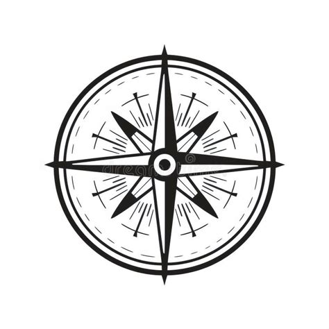 Black Line Art Of A Compass With A Circular Shape And Needle On A White Background Stock