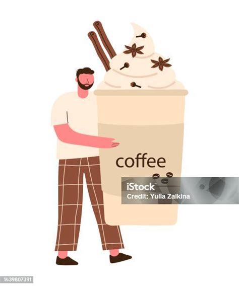 종이컵에 커피를 들고 있는 남성 캐릭터 향신료와 라떼 테이크 아웃 음료 휘핑 크림과 함께 뜨거운 맛있는 음료 작은 남자가 커피를 손에 들고 있다 격리된 평면 벡터 그림입니다