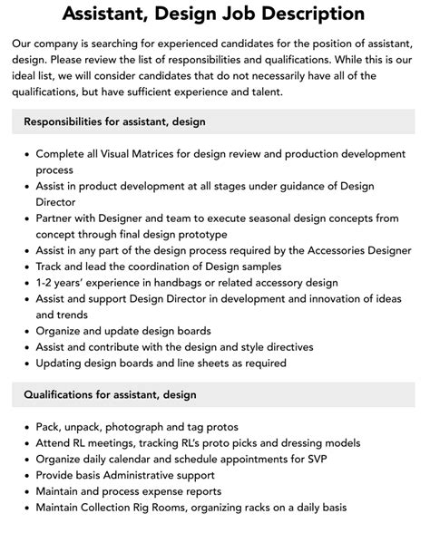 Assistant Design Job Description Velvet Jobs