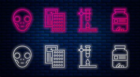 블리스터 팩에 라인 알 약을 설정 화재 히터에 유리 테스트 튜브 플라스크 외계 외계인 얼굴과 의학 병과 알약 벽돌 벽에 빛나는 네온 아이콘입니다 벡터 건강관리와 의술에 대한