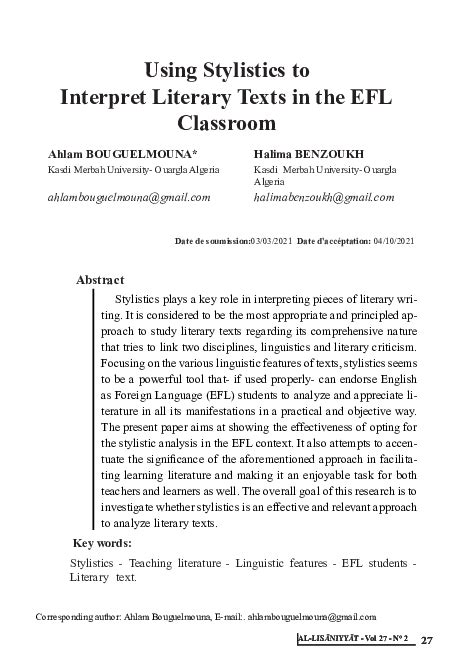 Pdf Using Stylistics To Interpret Literary Texts In The Efl Classroom