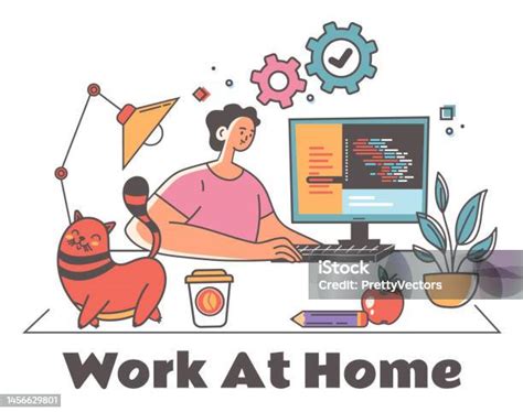 집에서 일하는 코더 프로그래머 개발자 캐릭터 화면에 보이는 작업 홈 데스크톱 작업 공간 컴퓨터 개념입니다 현대적인 심플한 선 윤곽선 손으로 그린 스타일 벡터 만화 그래픽