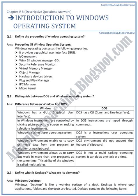 Adamjee Coaching Introduction To Windows Operating System Descriptive Question Answers