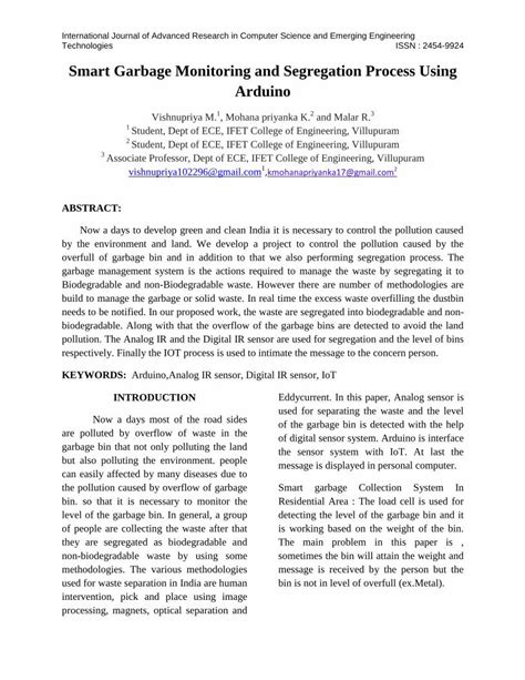 Pdf Smart Garbage Monitoring And Segregation Process Using Issuesmart Garbage