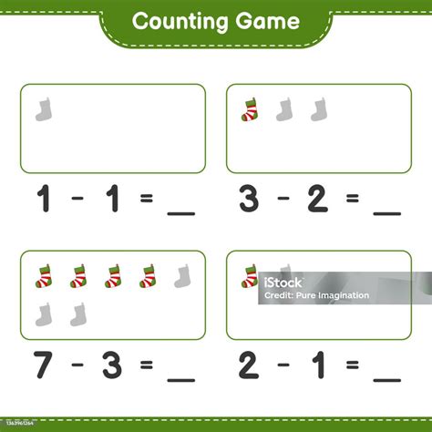 게임을 계산 크리스마스 양말의 수를 계산하고 결과를 작성합니다 교육 어린이 게임 인쇄 워크 시트 벡터 일러스트레이션 0명에 대한 스톡 벡터 아트 및 기타 이미지 Istock