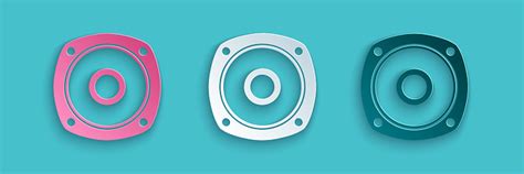 파란색 배경에 격리된 스테레오 스피커 아이콘을 종이 잘라냅니다 사운드 시스템 스피커 음악 아이콘입니다 음악 기둥 스피커베이스 장비 종이 아트 스타일 벡터 일러스트레이션 3