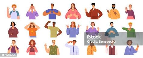 귀여운 사람들은 감정 남성과 여성 놀랐고 흥분하고 궁금해하는 만화 캐릭터를 손과 행복한 얼굴로 제스처합니다 놀라움을 느끼는 사람 놀란 사람들이 벡터 일러스트레이션을 설정했다