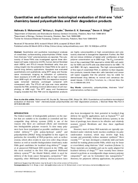 Pdf Quantitative And Qualitative Toxicological Evaluation Of Thiol Ene “click” Chemistry Based