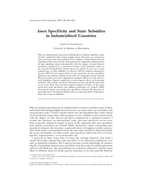 Pdf Asset Specificity And State Subsidies In Industrialized Countries
