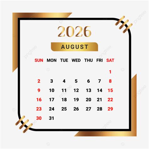 Calendario Del Mes De Agosto De 2026 Con Negro Y Dorado Vector Png